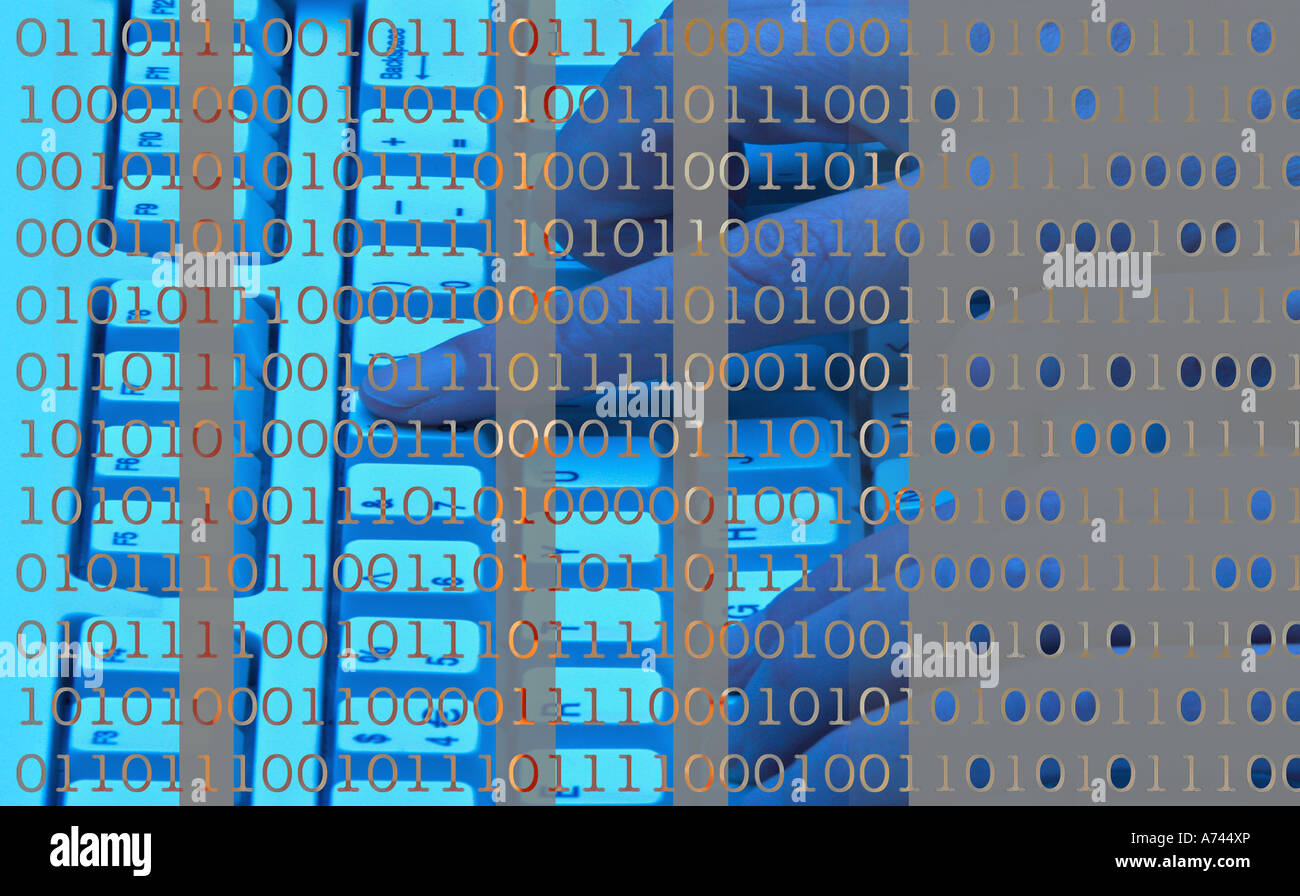 Hands on computer keyboard with binary code overlay Stock Photo - Alamy