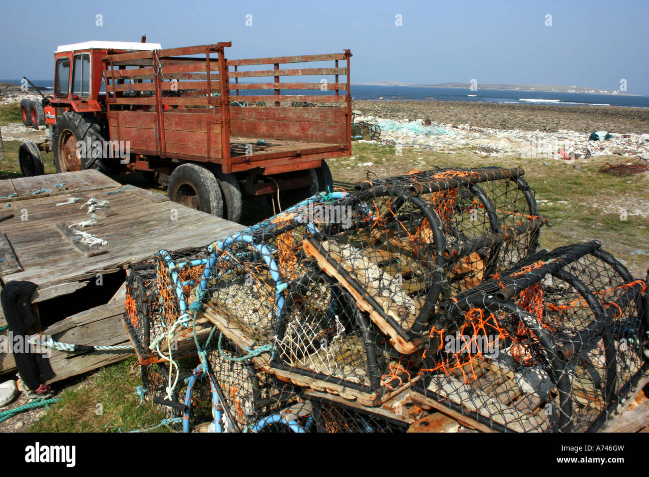 Tractor and shellfish pots at Meenlaragh, County Donegal, Republic of ...
