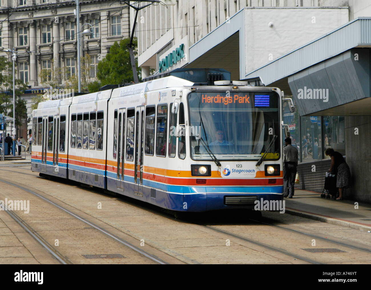 Stagecoach Supertram travelling through Sheffield city centre in the UK ...