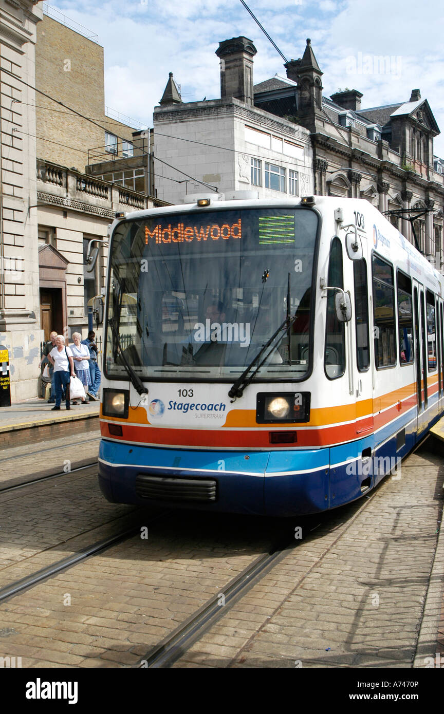 Stagecoach Supertram travelling through Sheffield city centre in the UK ...
