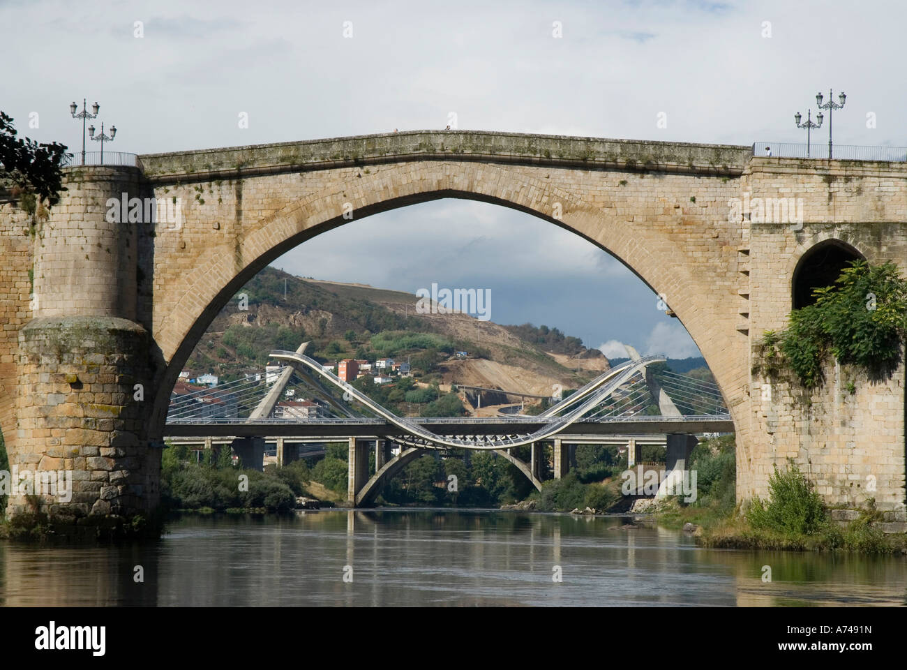Major Bridge also known as Old Bridge or Roman Bridge over Miño river ...