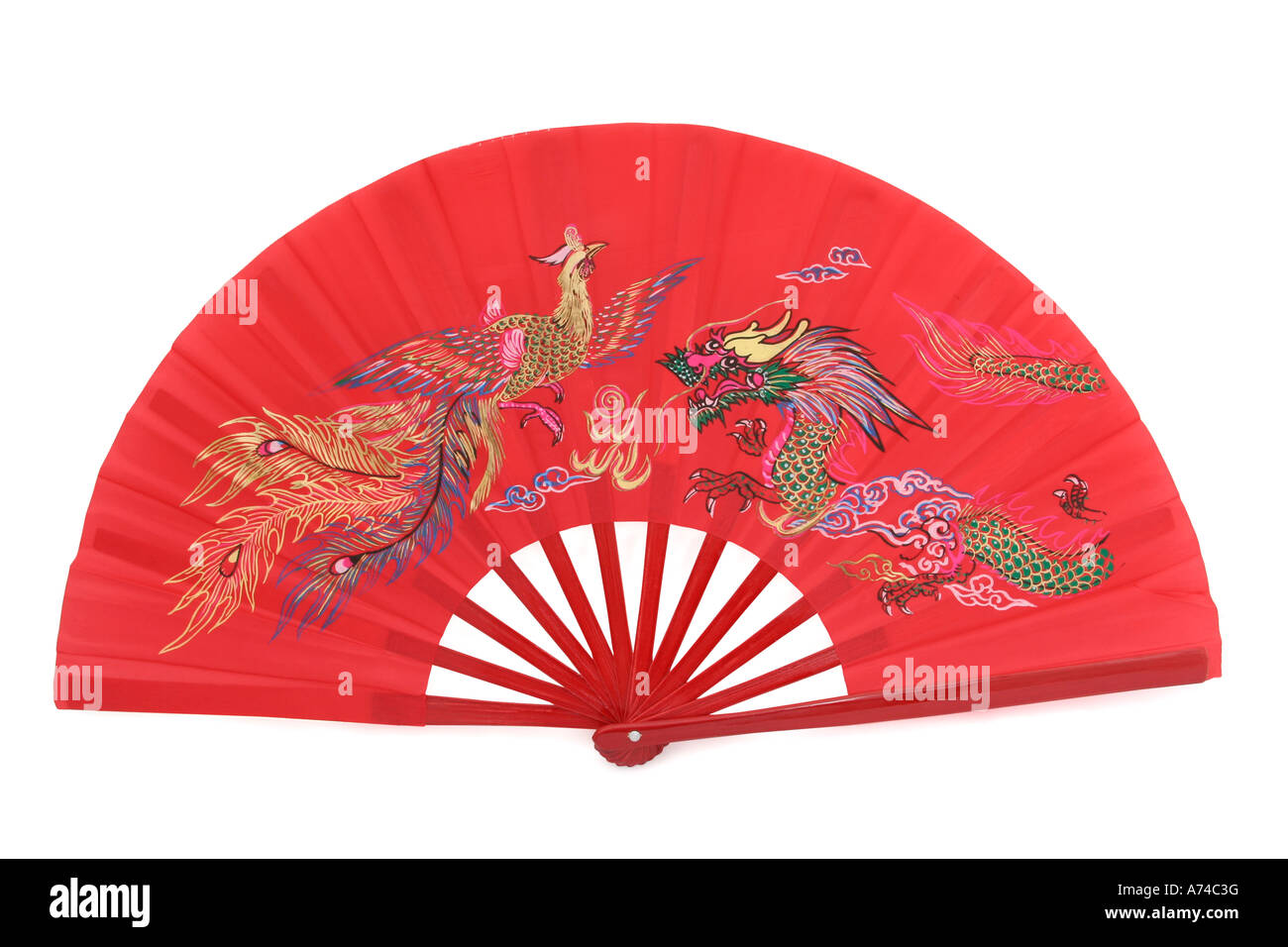 A red chinese hand fan on a white background isolated wih clipping path ...