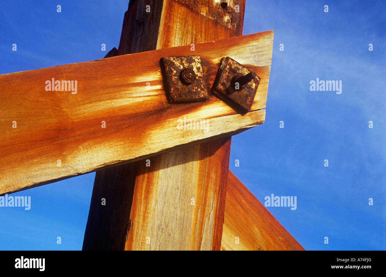 Weathered and rust–stained remains of heavy timber supports for pier or ...