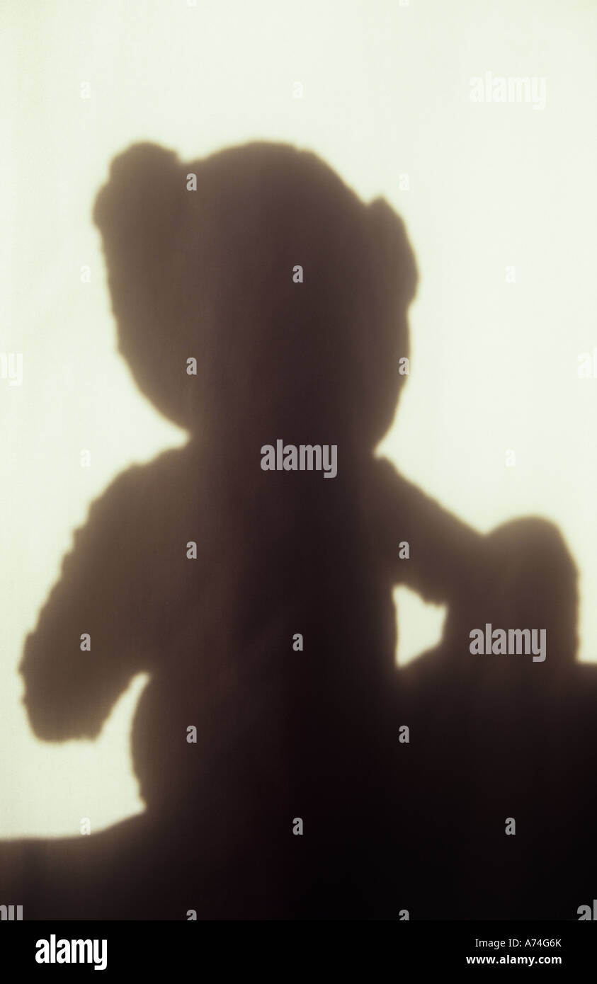 Shadow in warm light on pale cloth or curtain of seated teddy bear with ...