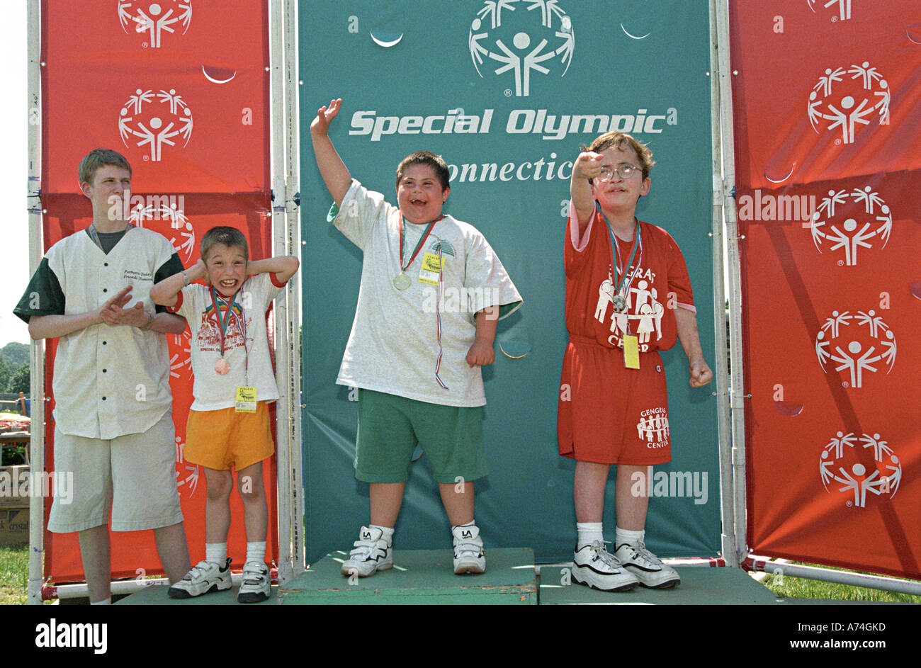 Special Olympians celebrating as they get metals during the Connecticut ...