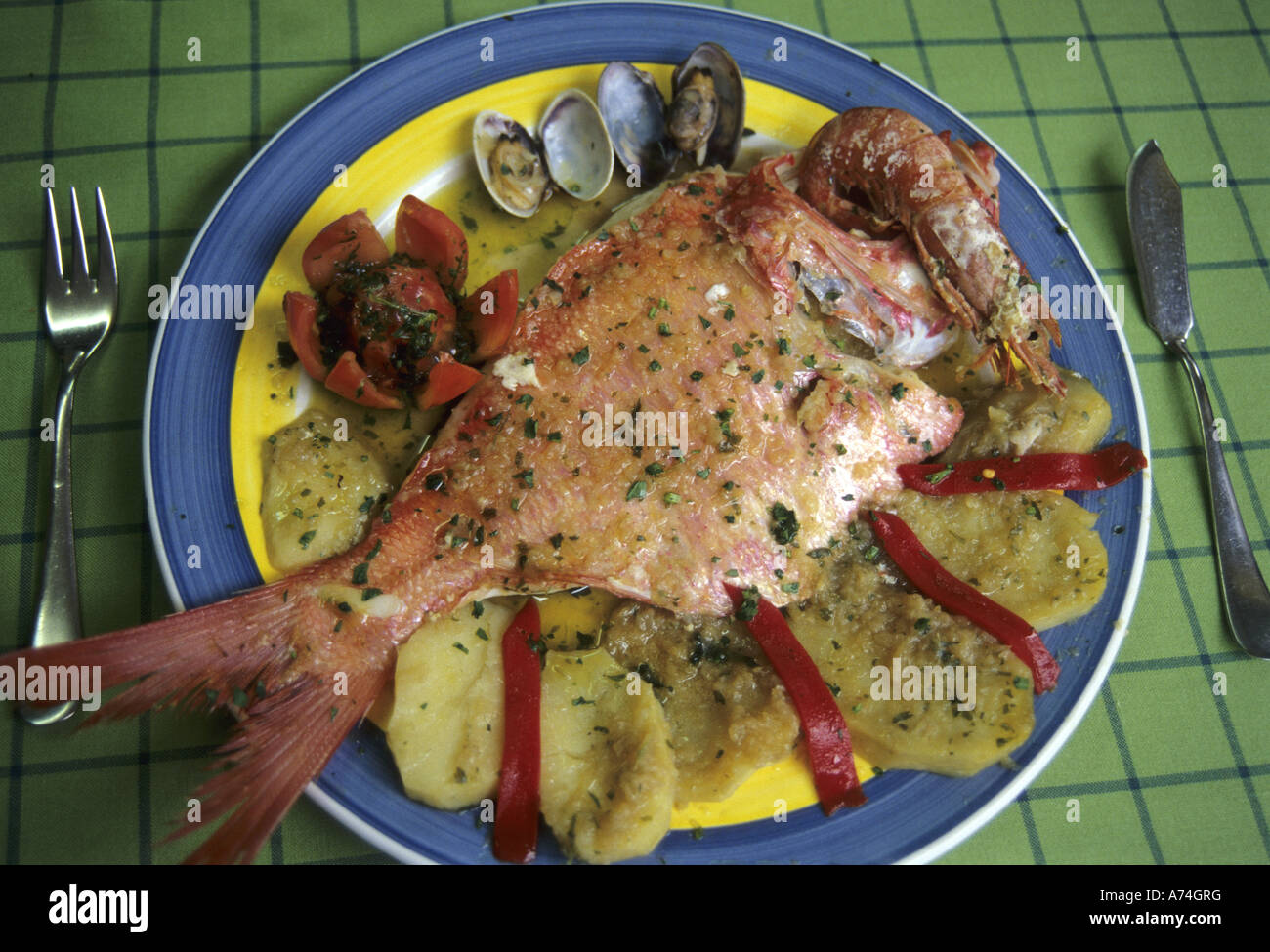 Baked Rey fish TINO EL ROXU Restaurant GIJON Asturias Spain Stock Photo ...
