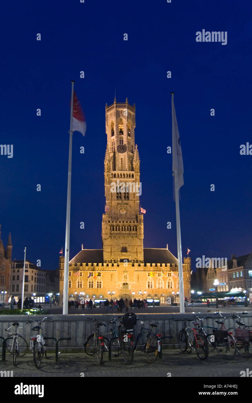 Vertical nightscape of the Belfry of Bruges or Belfort van Brugge in ...