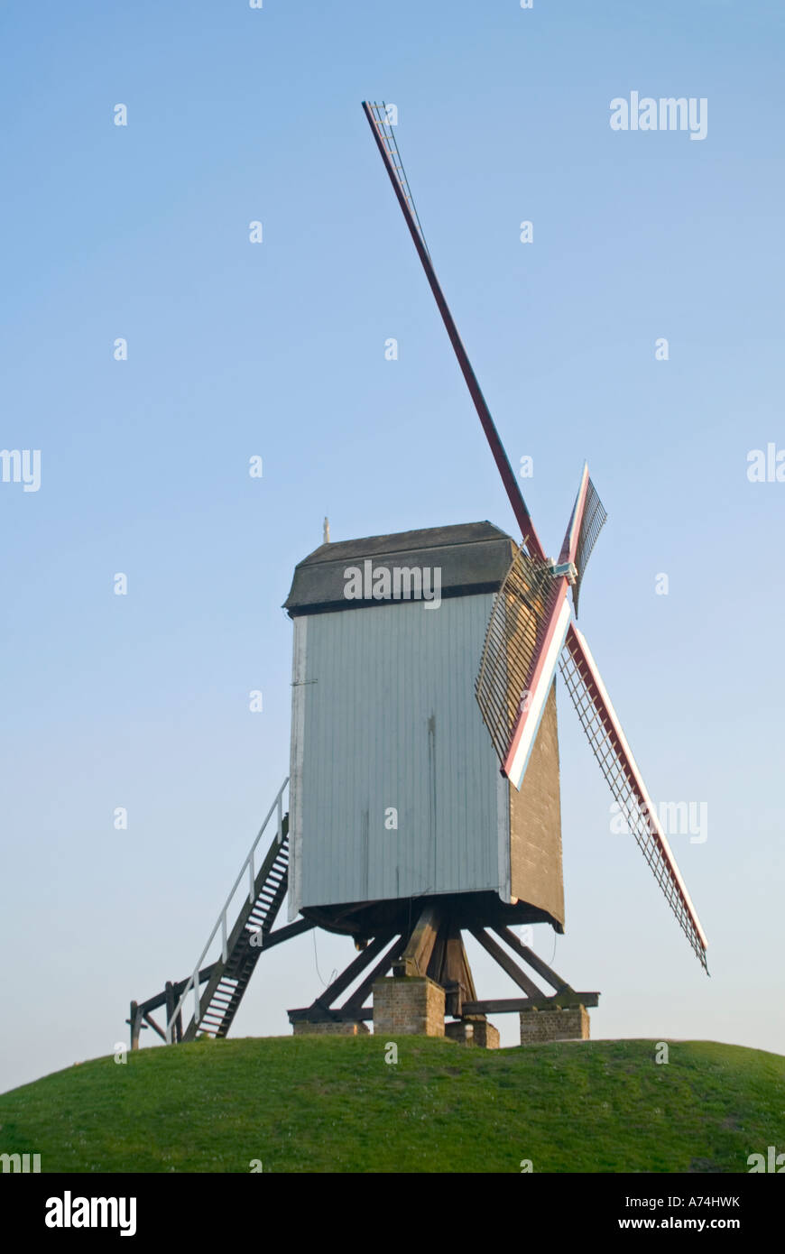 Vertical view of the Bonne Chiere Molen 'windmill' against a bright ...