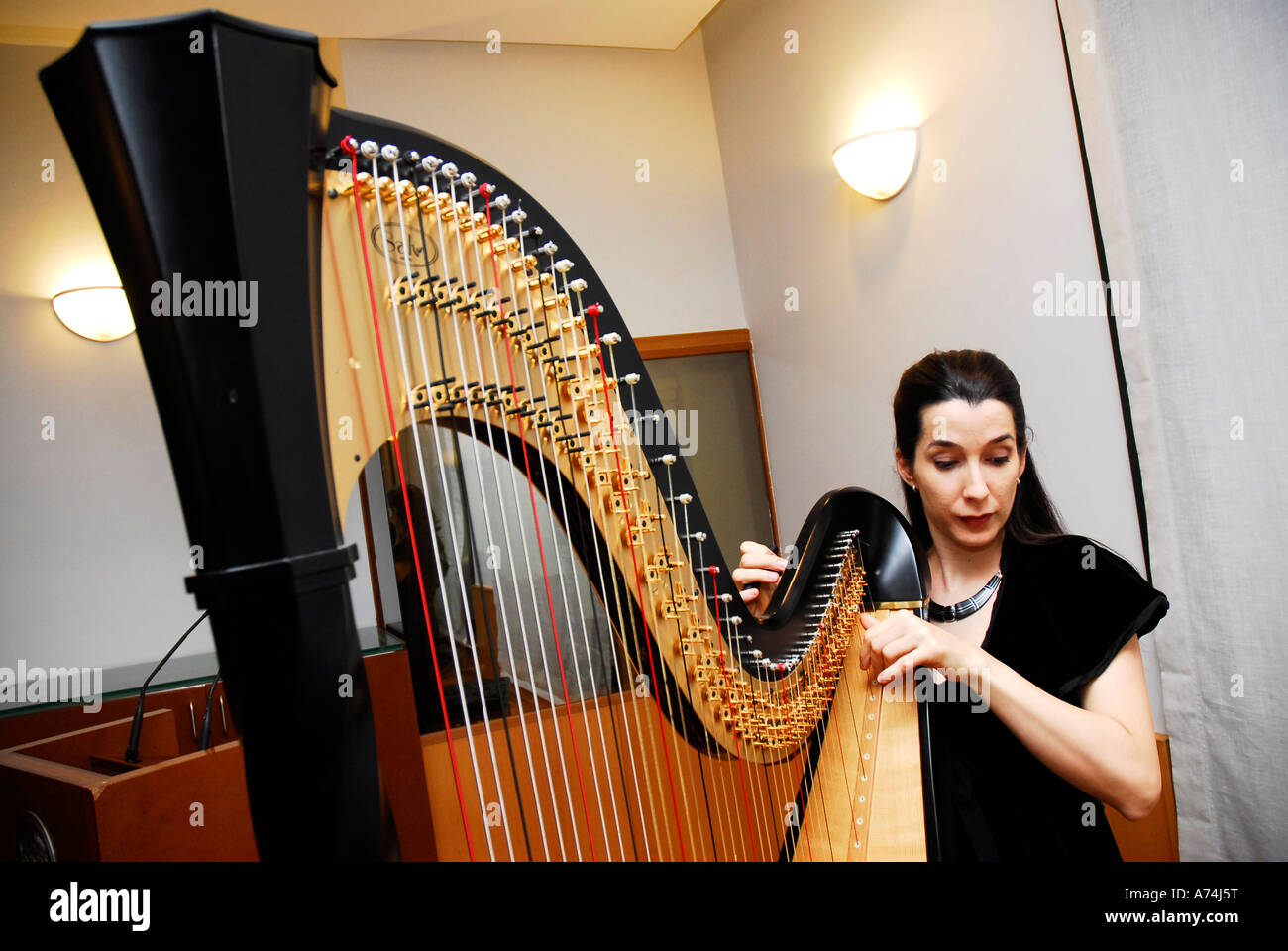 Musician playing harp Madrid Spain Stock Photo - Alamy