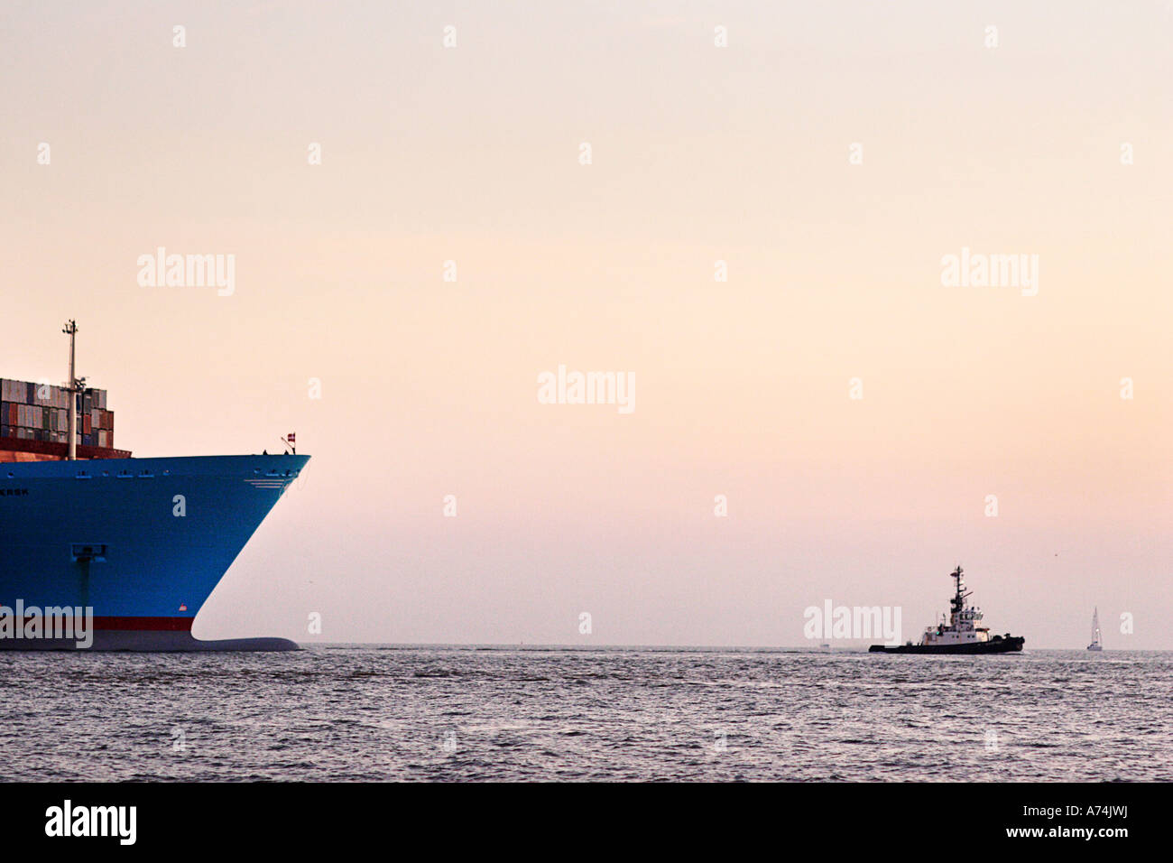 The container ship Emma Maersk arrives to Felixstow, England Stock ...