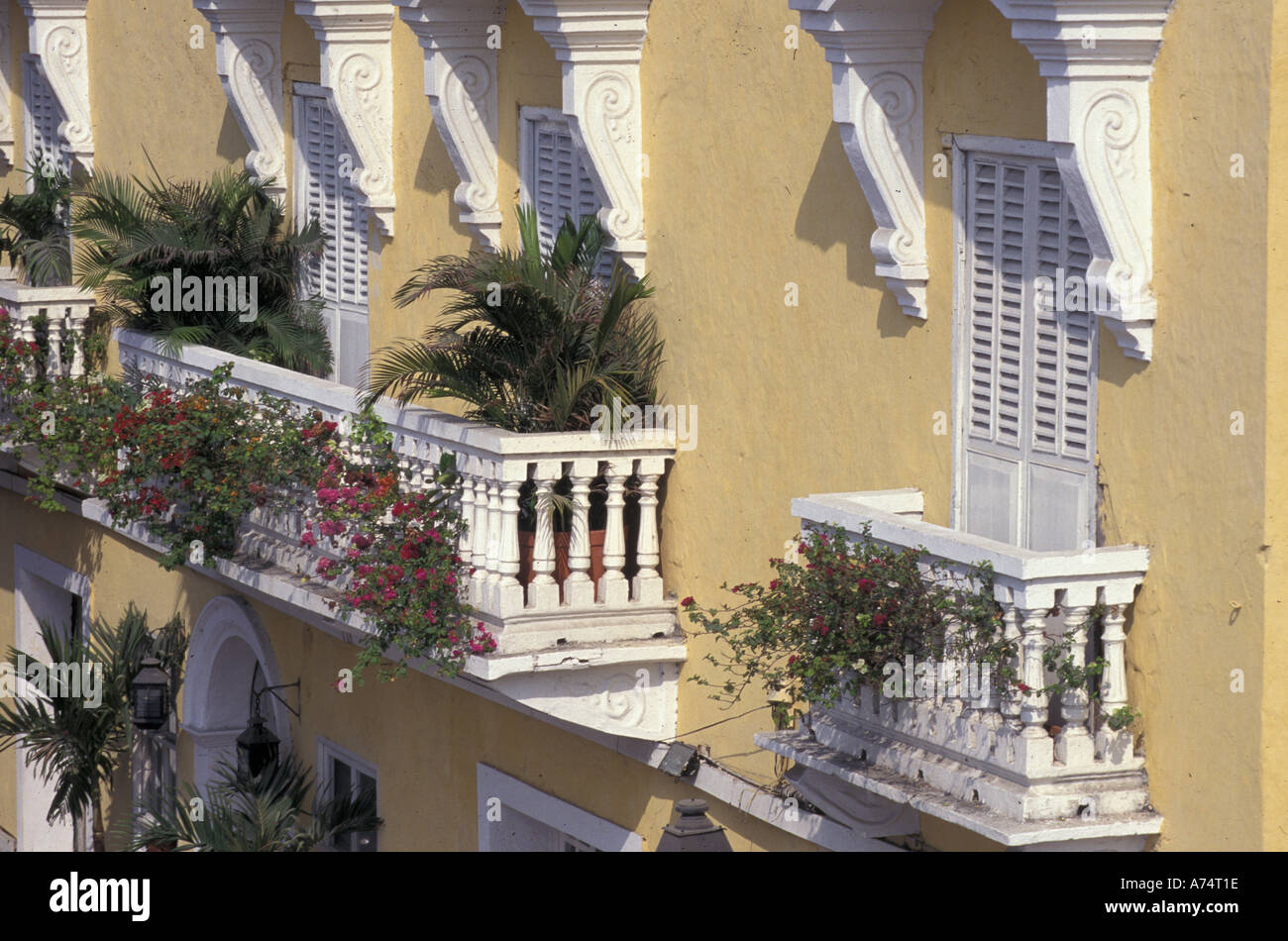 Colombia, Cartagena. Colonial architecture and typical raised balconies ...