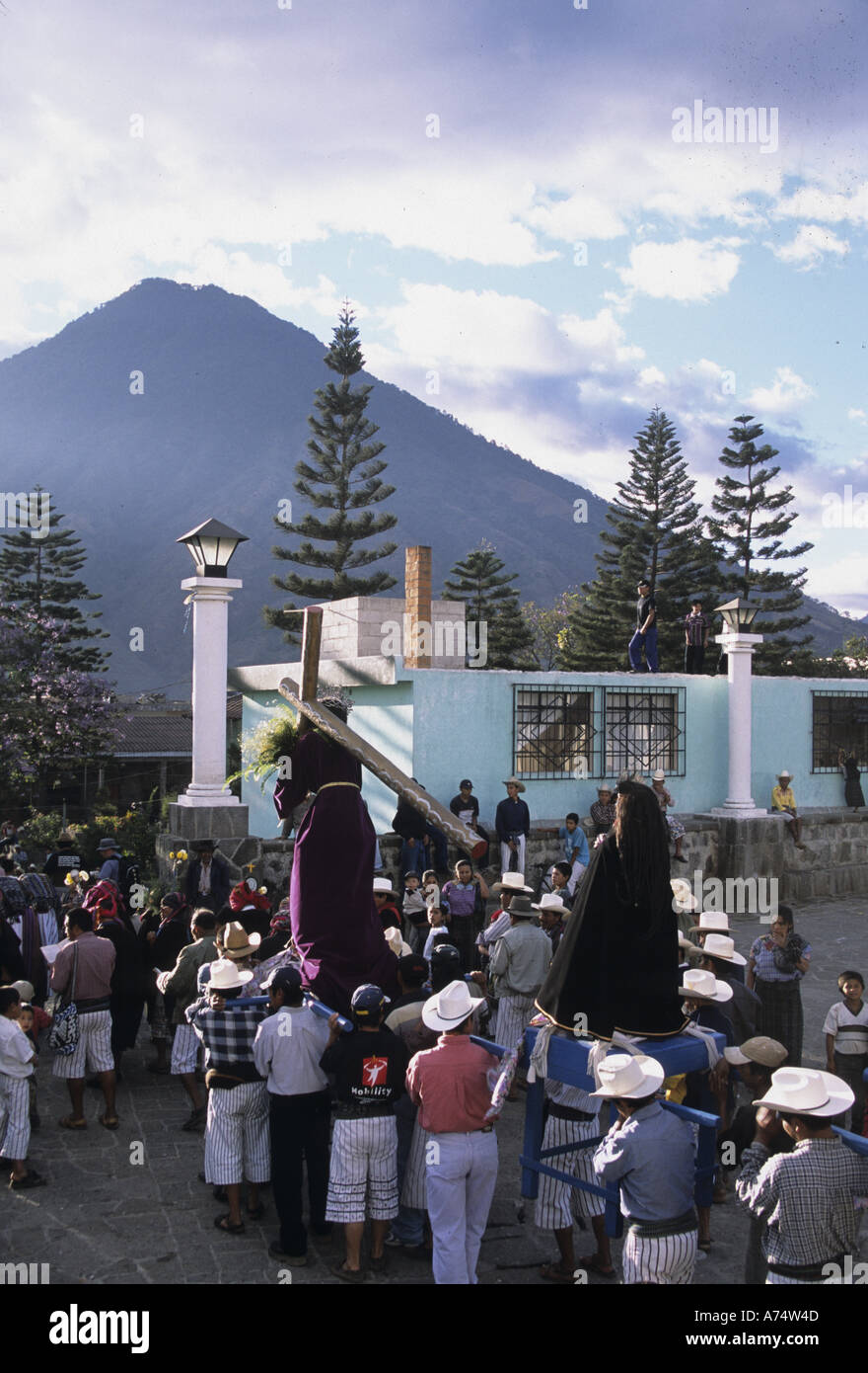 Guatemala, Holy Week (Easter) in Santiago Atitlan. San Pedro volcano in ...