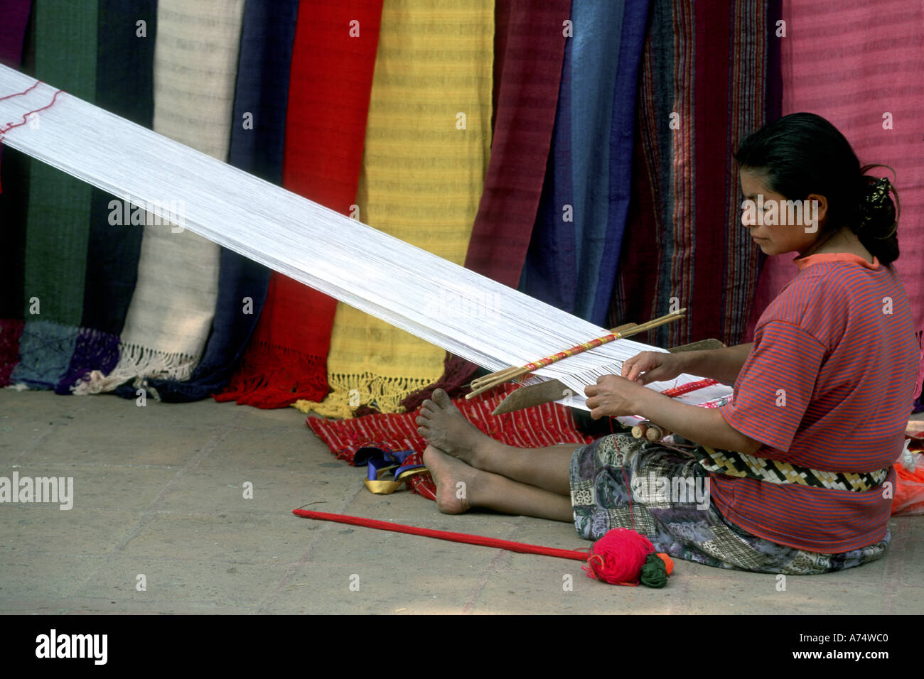 Mexico, Portrait of woman and traditional loom Stock Photo - Alamy