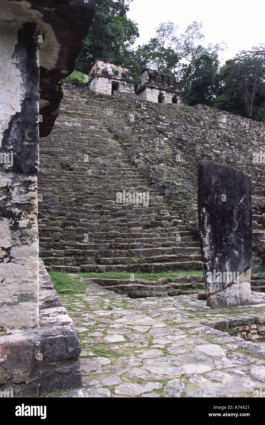 Mexico, Chiapas, Ocosingo, Bonampak Ruins. Mayan stone stele and stairs ...