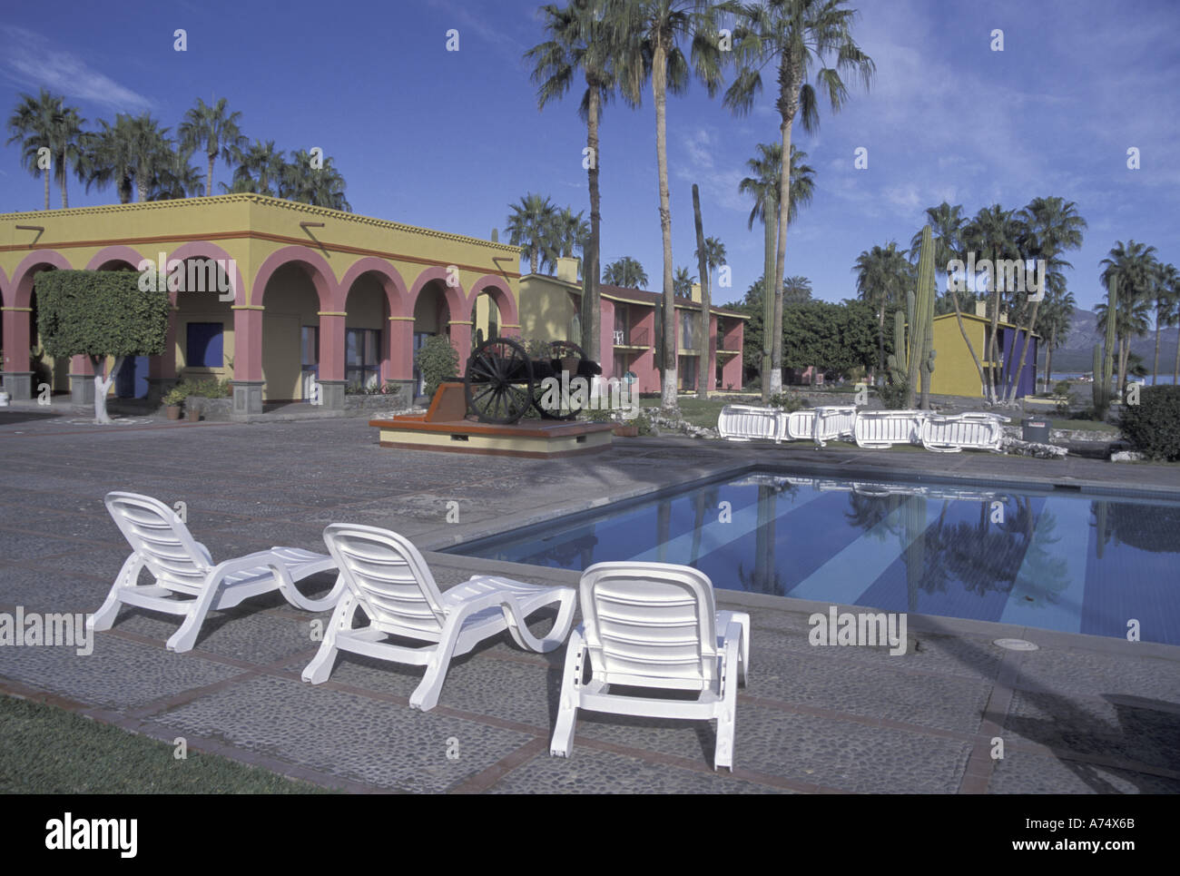 NA, Mexico, Baja, Loretto. Hotel, La Pinta. Pool area with main ...