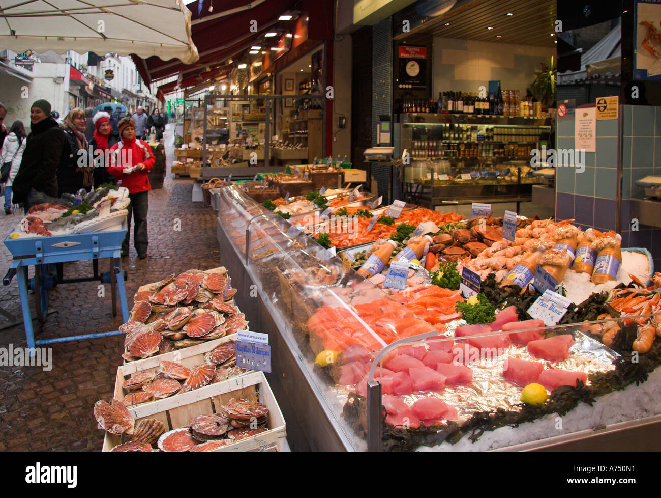 Fish shop Marché Mouffetard on Rue Mouffetard Paris France Stock Photo ...
