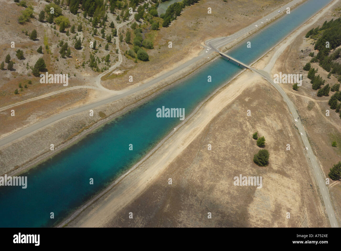 Aerial view of the canal at lake Pukaki providing hydro electric power ...
