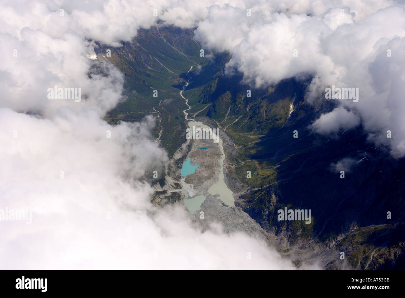 aerial view of the glacier at mount cook, south island, New Zealand ...