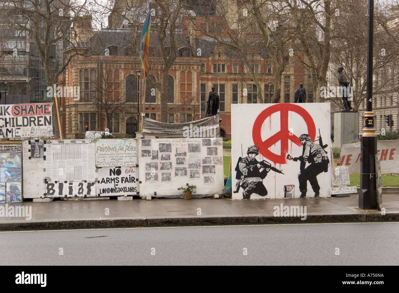 Political demonstration boards in parliament square outside the houses ...