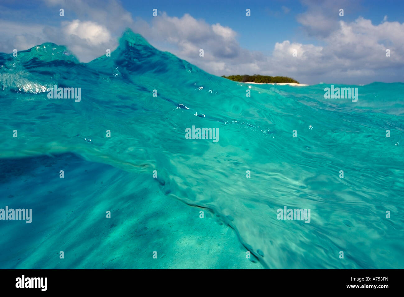 Split image of wave showing sandy bottom and island Rongelap Atoll ...