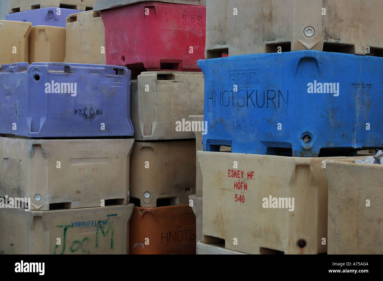 Colurful Fish crates by the harbour in Reykjavik Stock Photo - Alamy