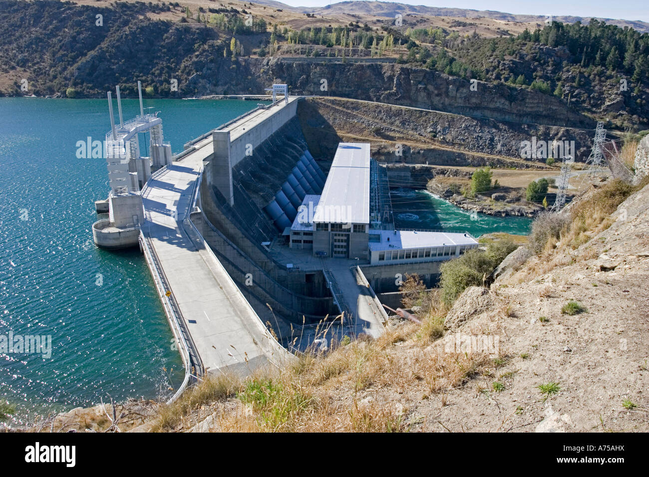 View of Roxburgh Dam the earliest hydroelectric dam Clutha River South ...