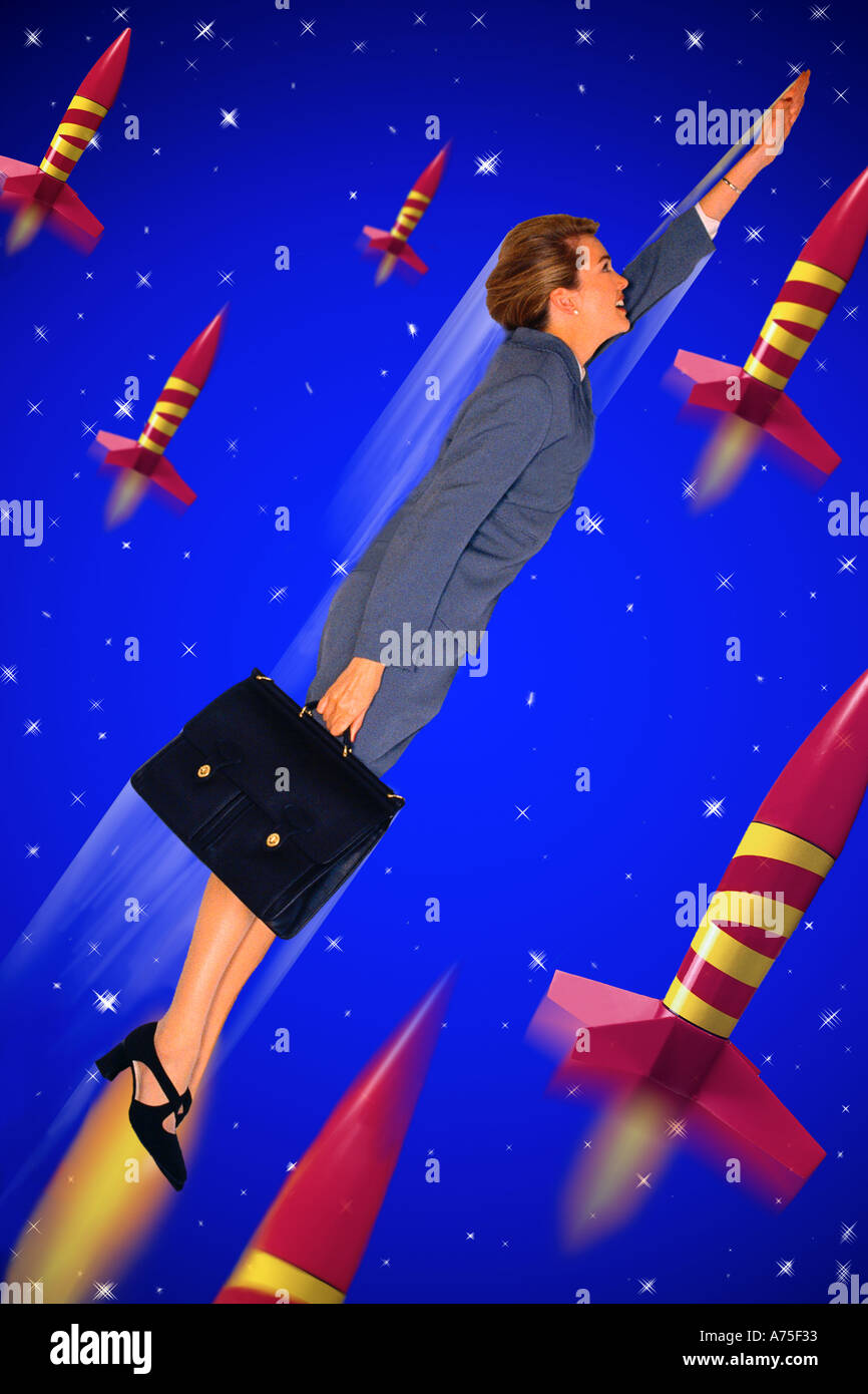 Business woman flying with rocket hi-res stock photography and images ...