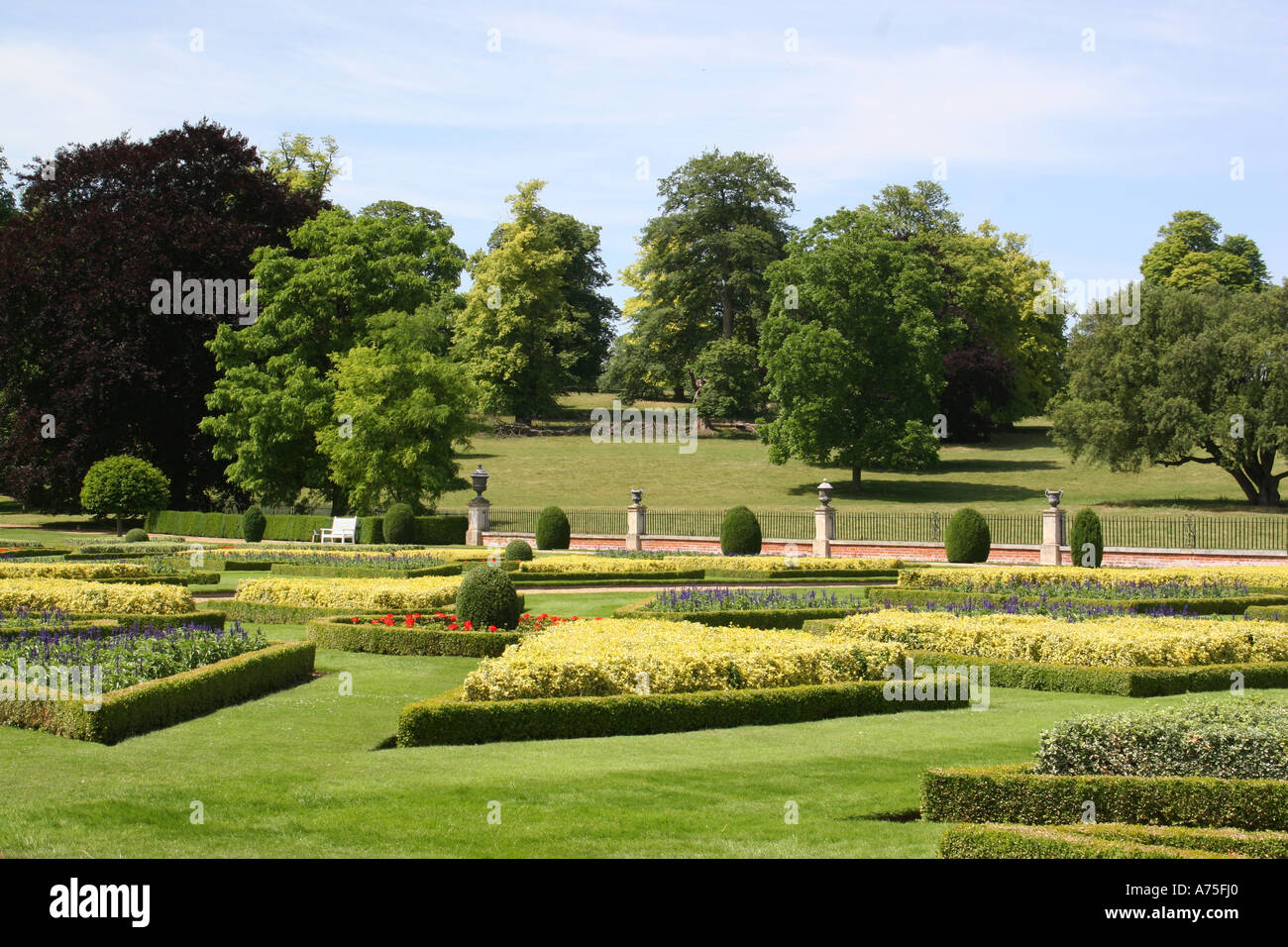 Gardens with low hedges and distant trees Stock Photo - Alamy