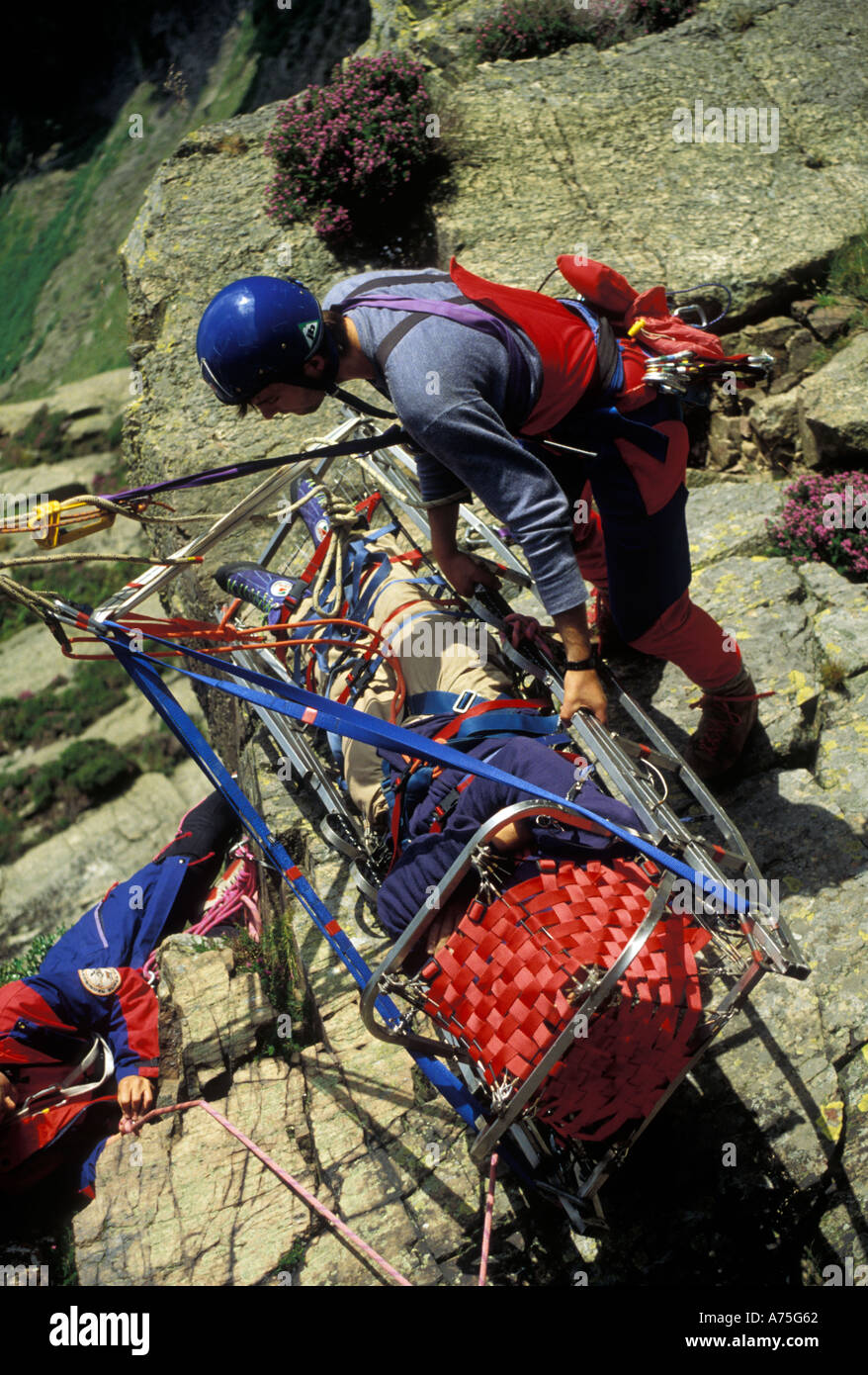 Mountain rescuers lowering a stretcher with an injured walker strapped ...