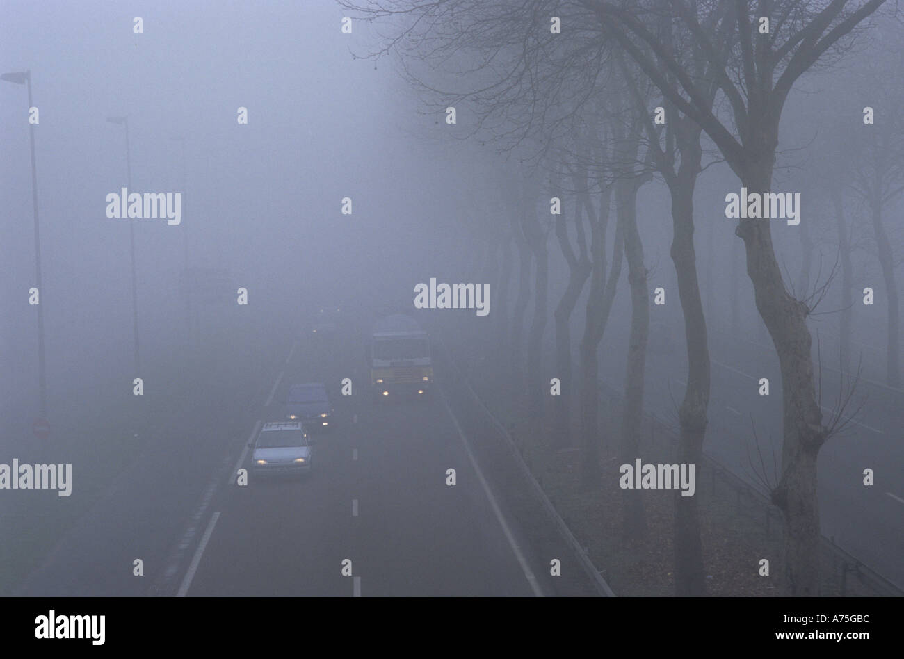 Highway driving in heavy fog traffic Stock Photo - Alamy