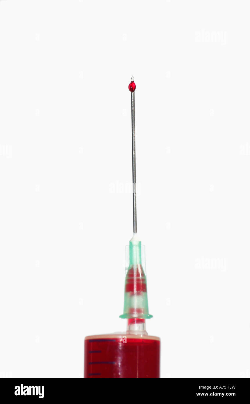Syringe with blood drop at end of needle close up Stock Photo - Alamy