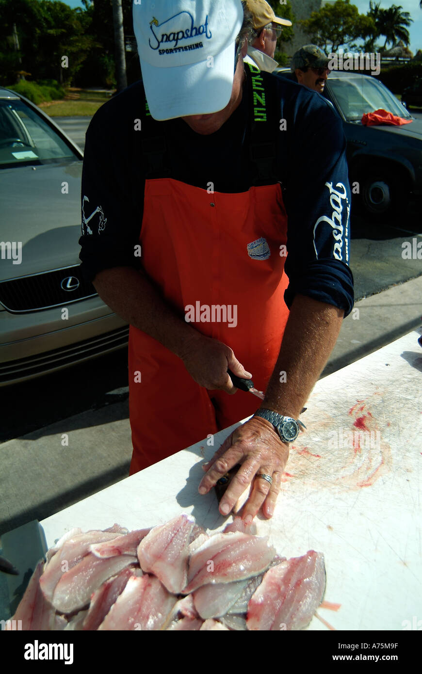 Fisherman cleaning and cutting fish Stock Photo - Alamy