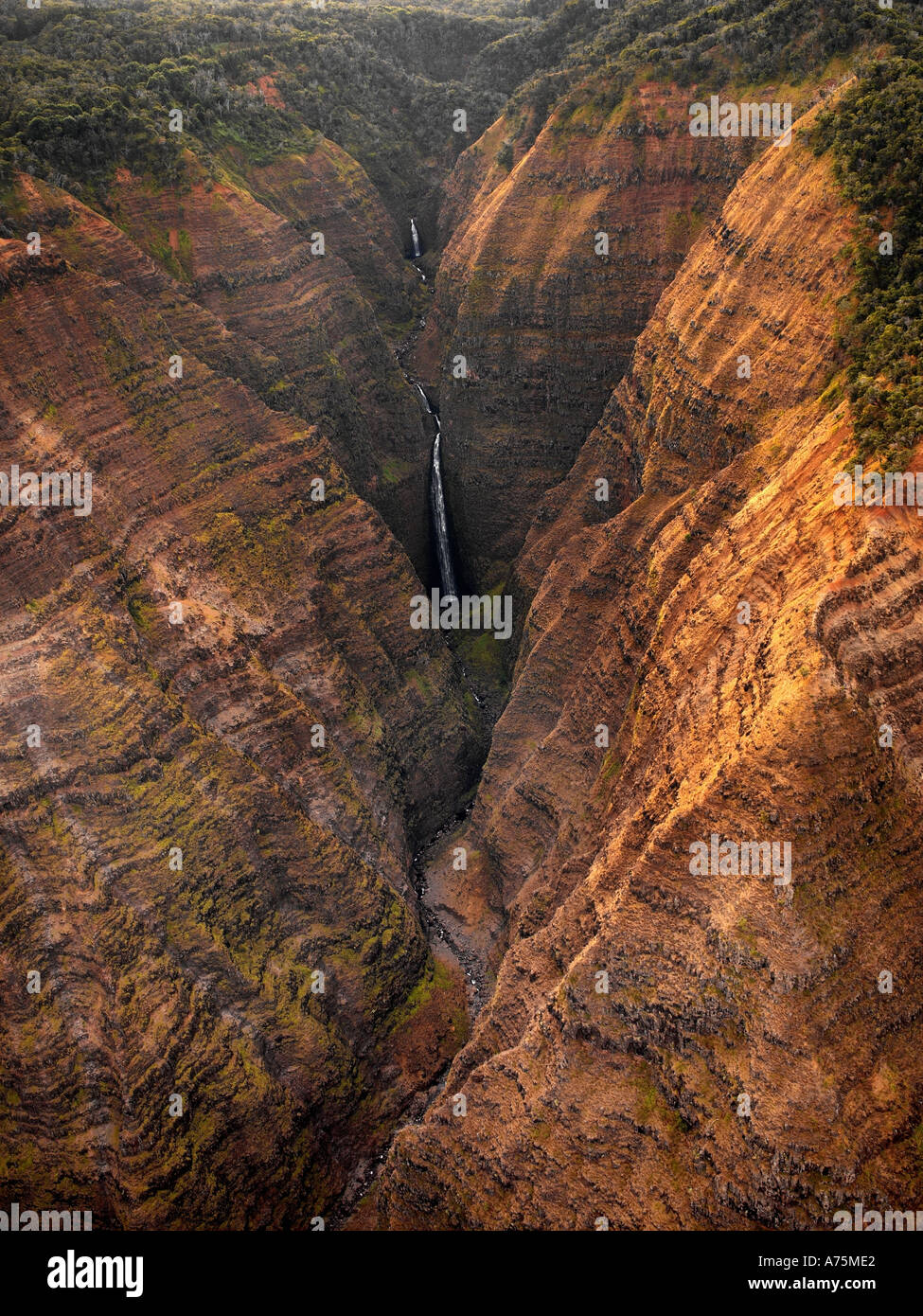 Aerial view of a deep canyon on the island of Kauai in the Hawaiian ...