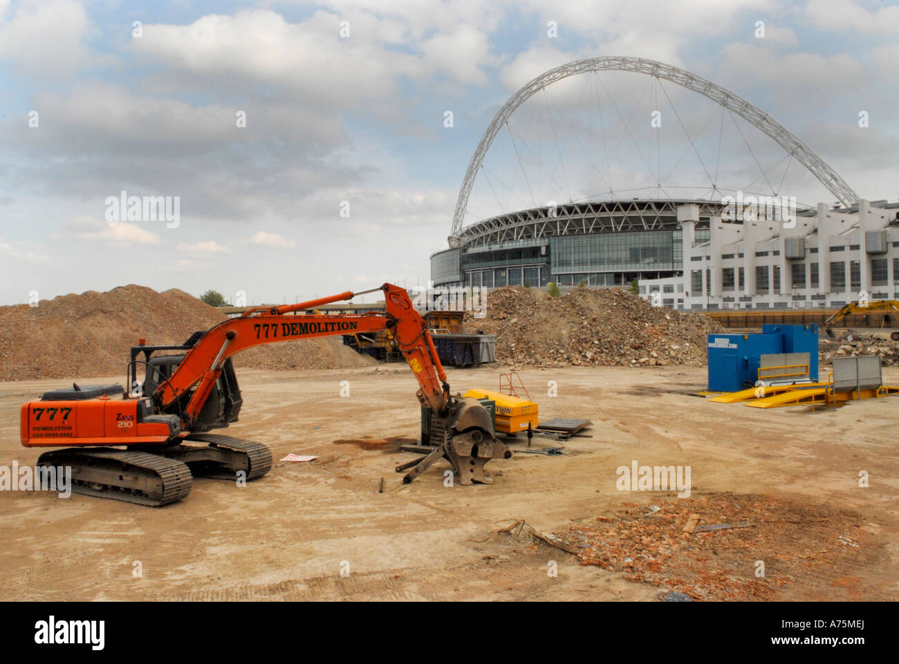 A demolition site in front of the unfinished Wembley Stadium on the day ...
