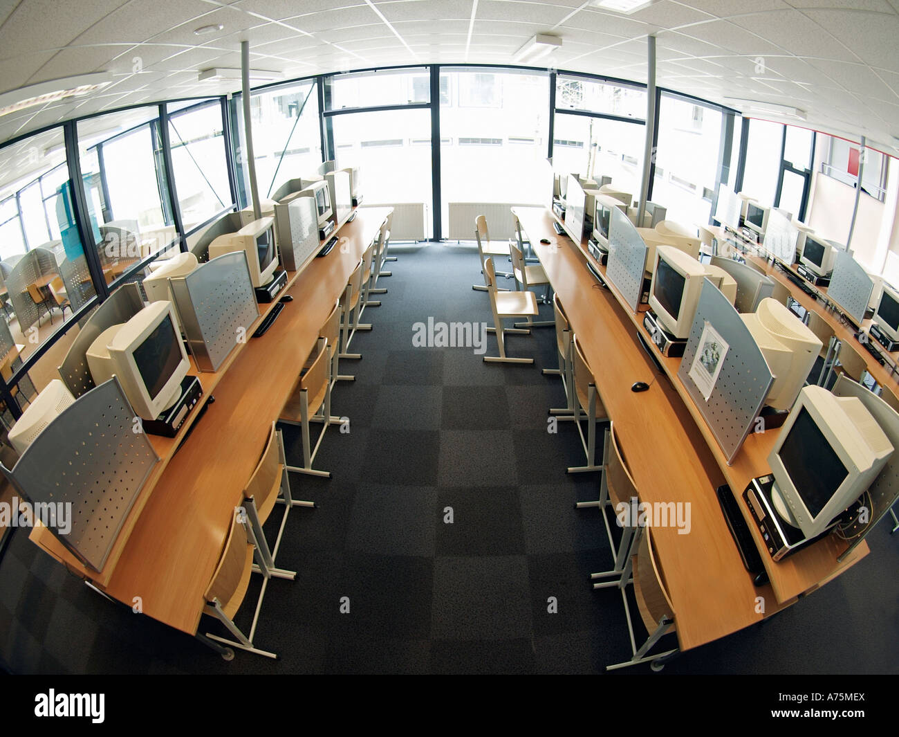 Birds eye view of computer classroom lab in school fisheye image ...
