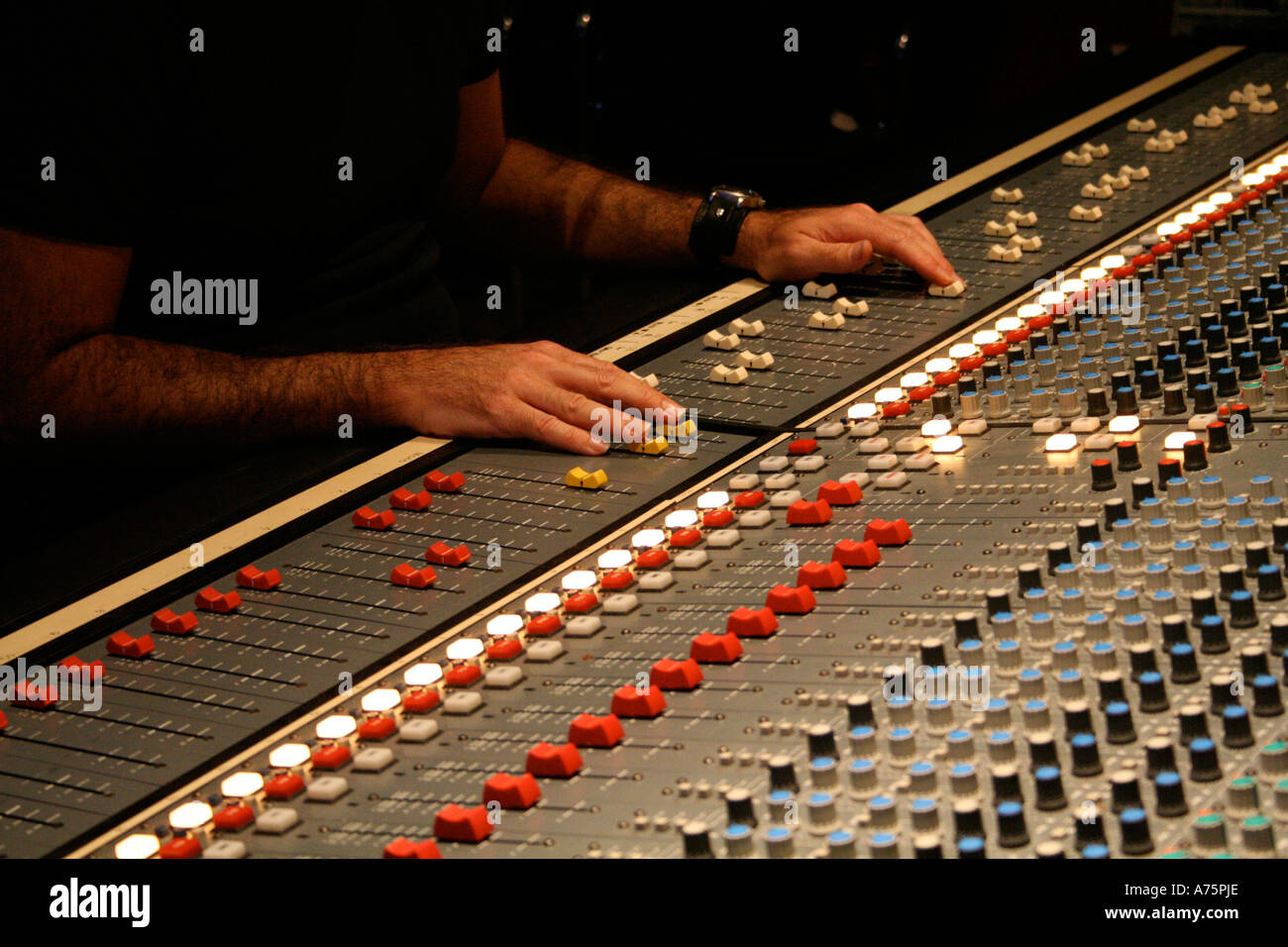 Old School Recording Studio desk with hands on the faders Stock Photo ...
