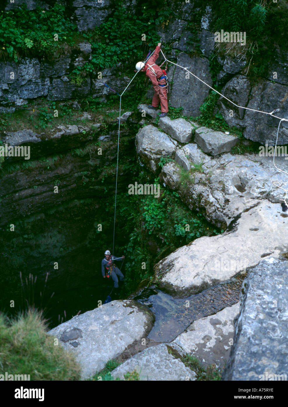 Pot holers commencing a descent into Gaping Gill on the slopes of ...