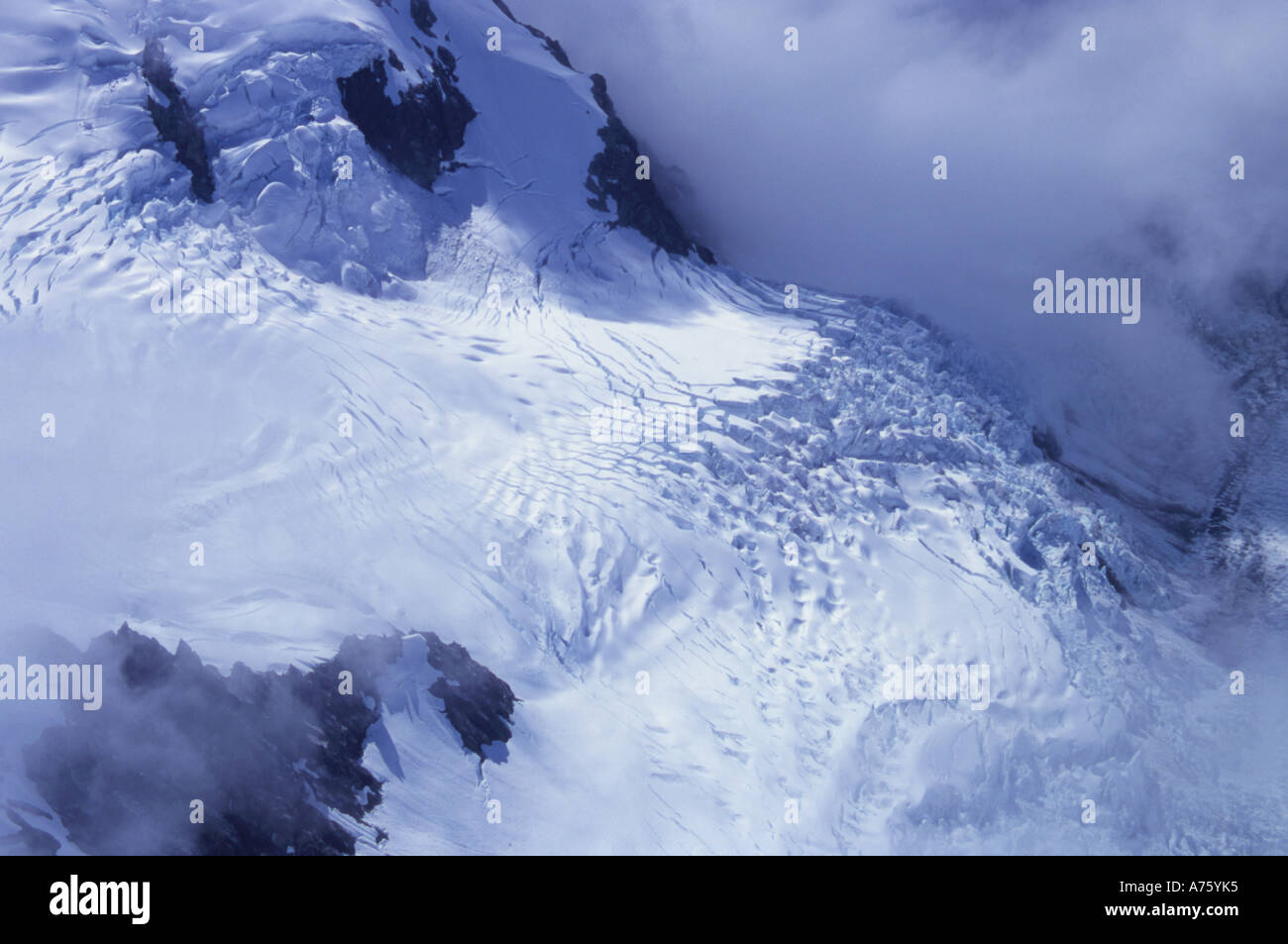 Neve Ice at the head of the Fox Glacier Aerial South Island New Zealand ...