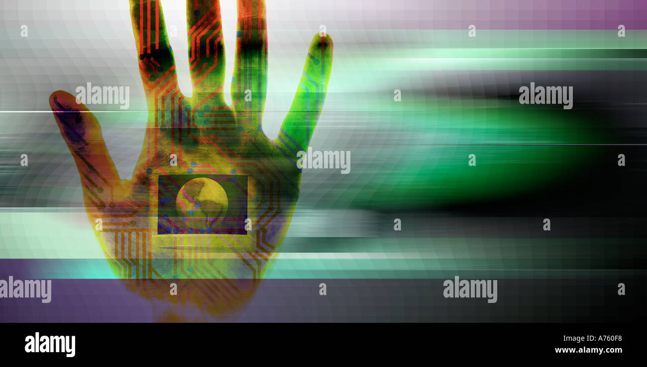 Hand with monitor and globe Stock Photo - Alamy