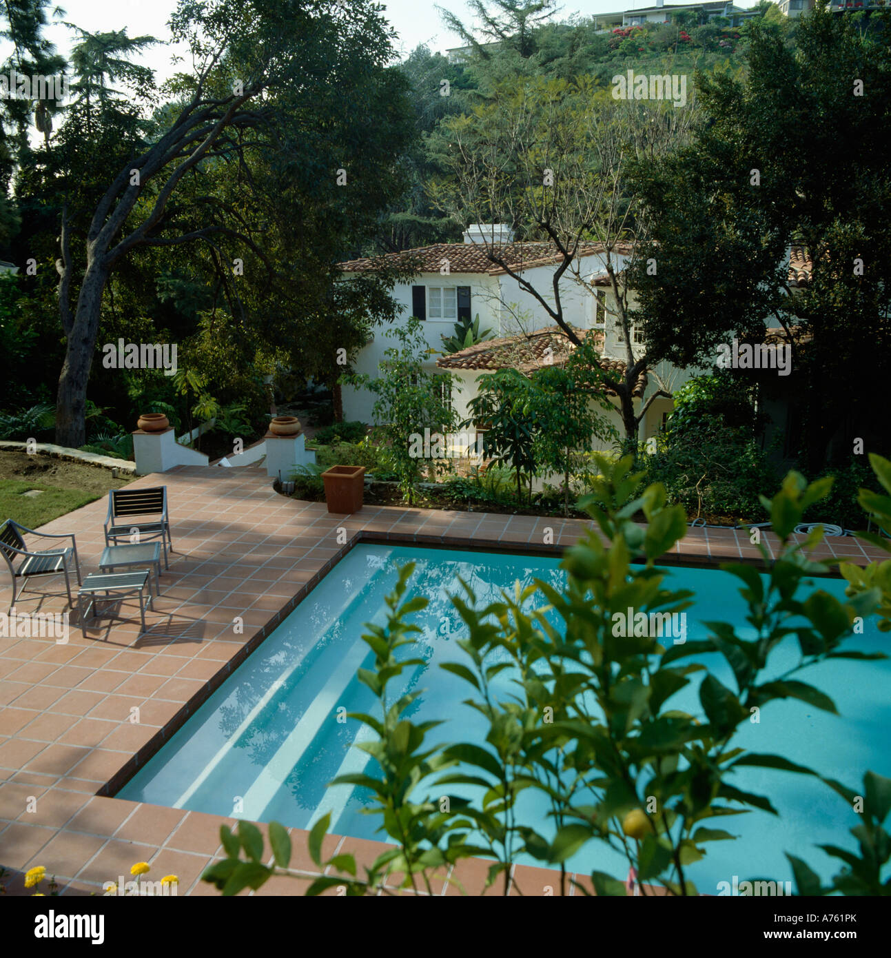 Swimming pool near white provencal house set in wooded hills in France ...