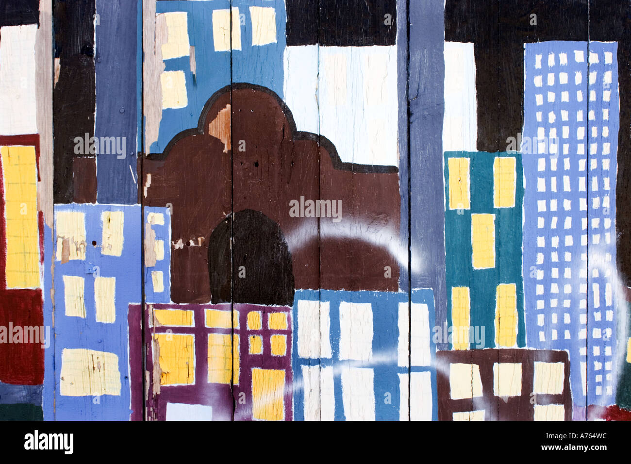 Wall painting city scene graffiti street art on fence Stock Photo - Alamy