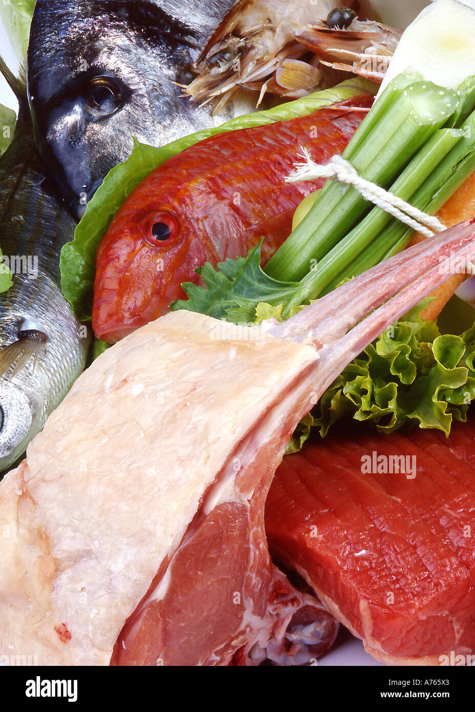 Assortment of meat, fish and vegetables Stock Photo - Alamy