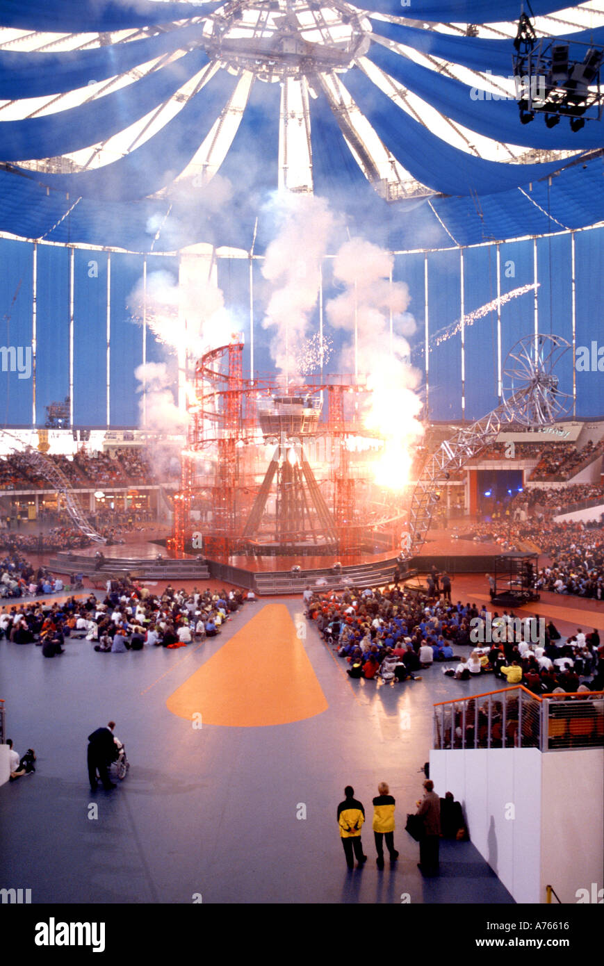 Part of audience indoor fireworks & smoke in main events arena inside ...
