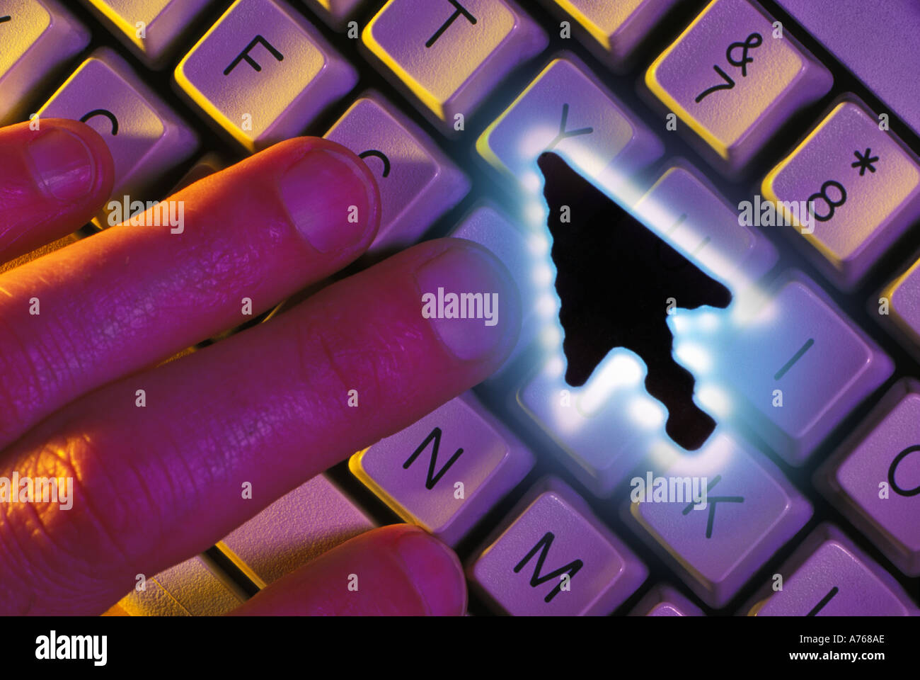 hand on computer keyboard with pointing arrow cursor Stock Photo - Alamy