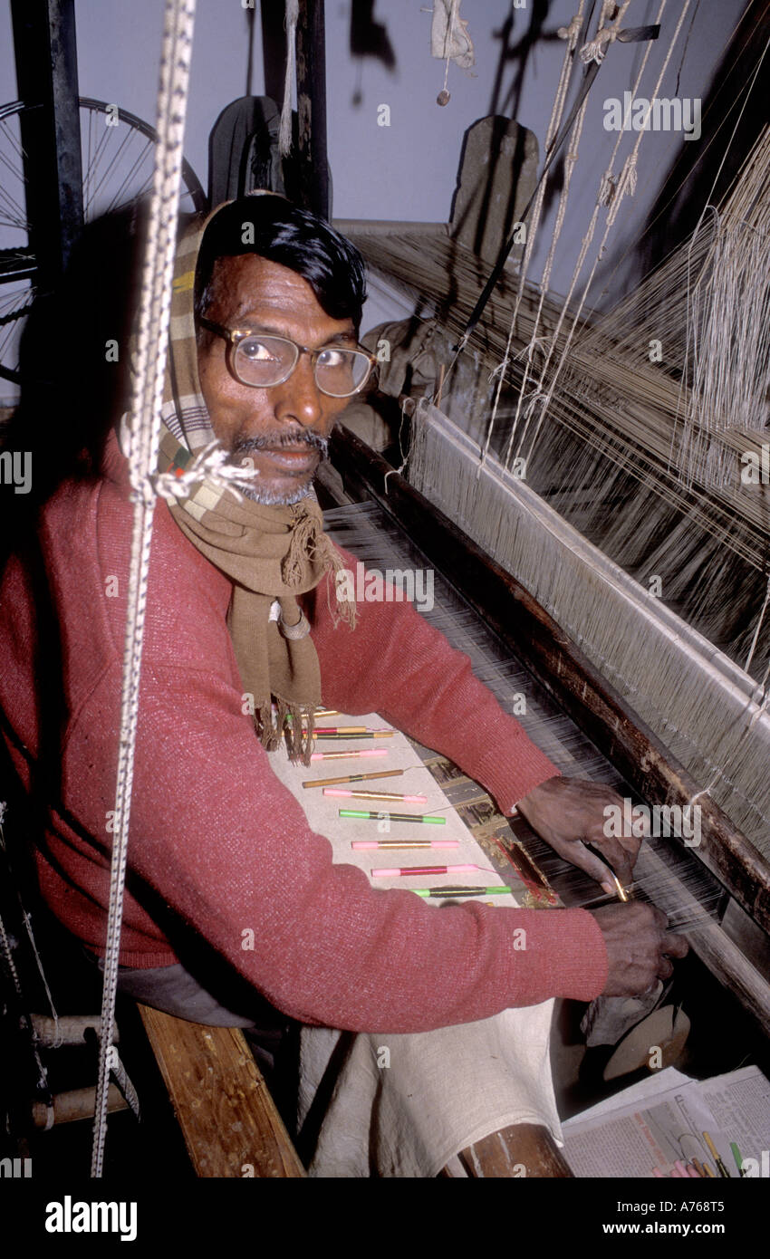 Silk weaver at a small factory in Varanasi India Stock Photo - Alamy