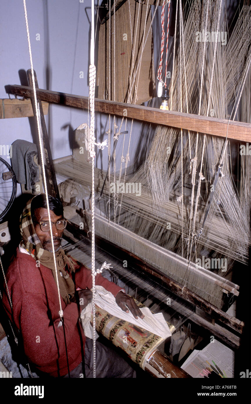 Silk weaver at a small factory in Varanasi India Stock Photo - Alamy