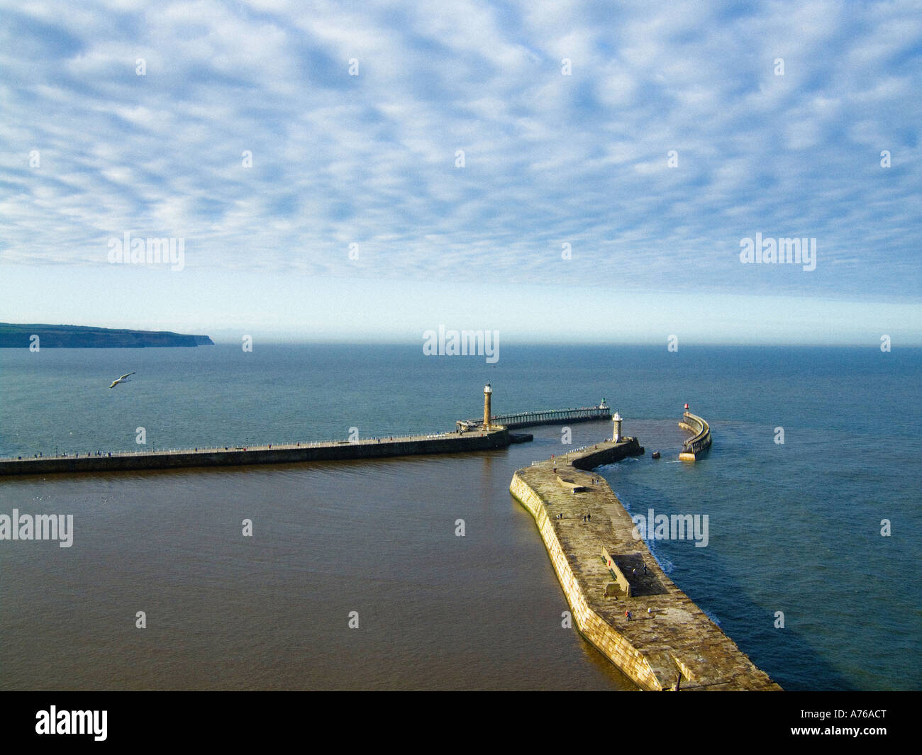 Elevated view from the East cliff of Whitby of the East and West piers ...