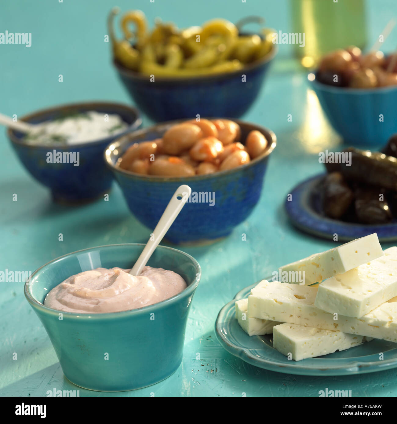 Greek starters, feta cheese, taramas, tsatsiki and pickled vegetables ...