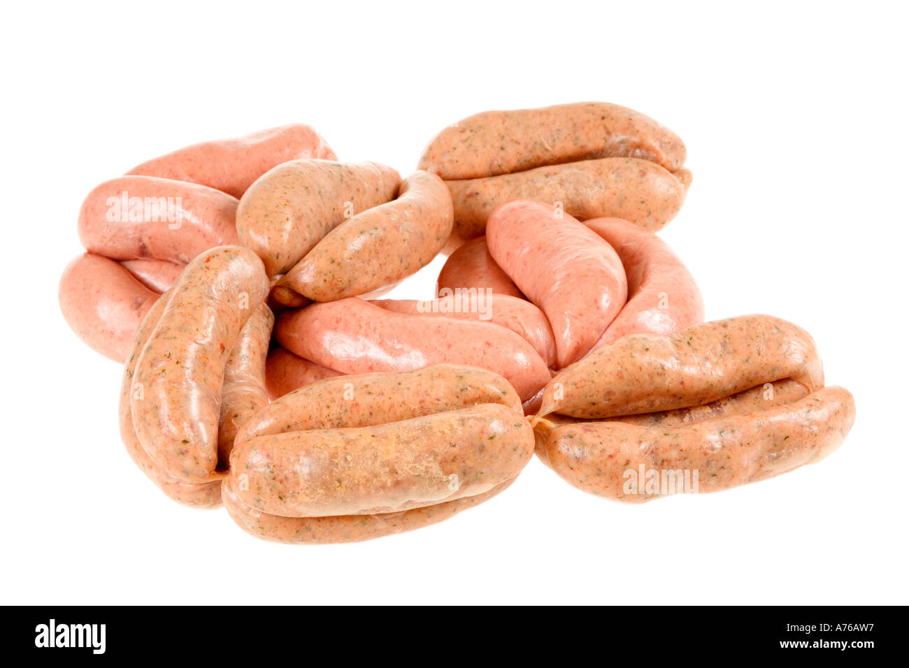 A string of raw speciality sausages on a pure white background Stock ...