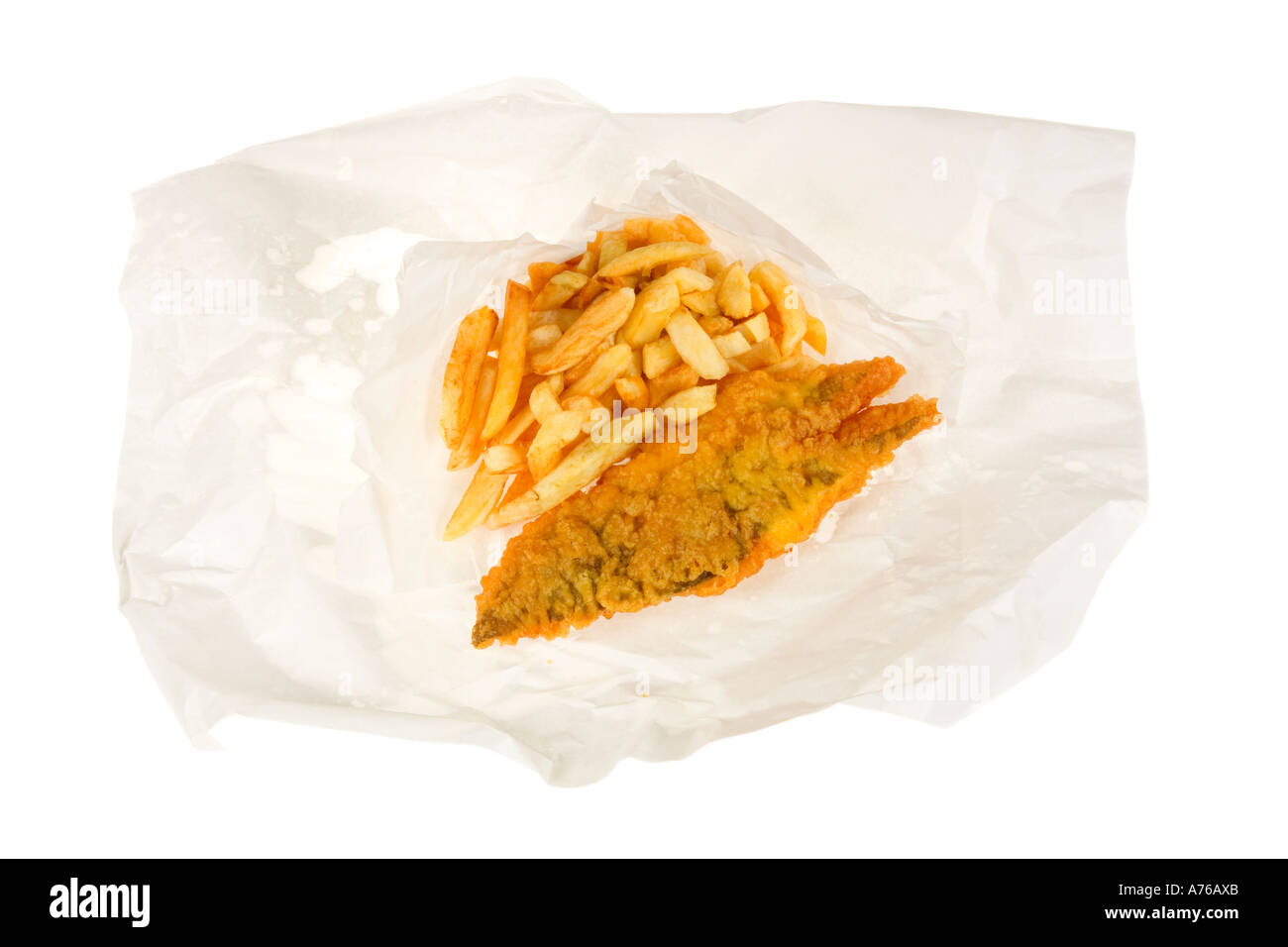 Traditional fish and chips in paper on a pure white background Stock ...